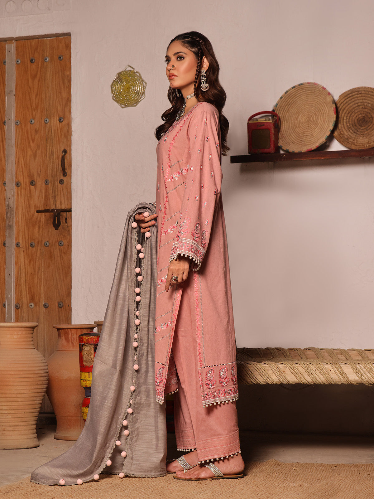 3Pc Embroidered Unstitched Khaddar Pink - OWEKH3P-6259-A – Oaks